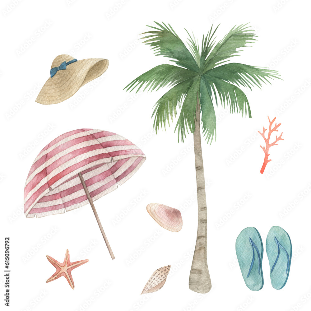 Watercolor tropic set on white background. Hand drawn isolated ...