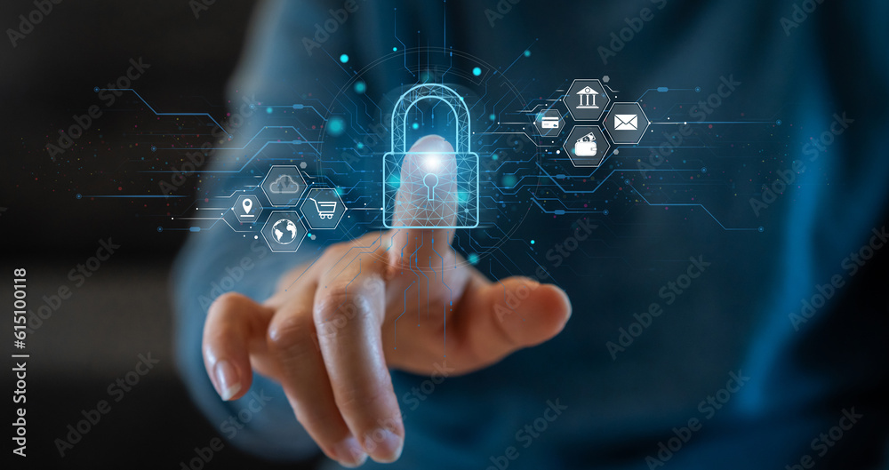 Foto Hand touching screen security scanning protect, technology digital ...