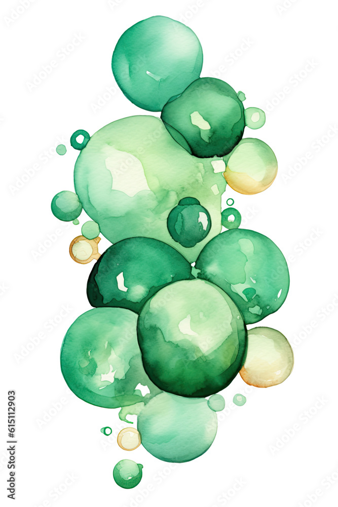 cluster of jade and emerald bubbles, watercolor paint abstract border ...