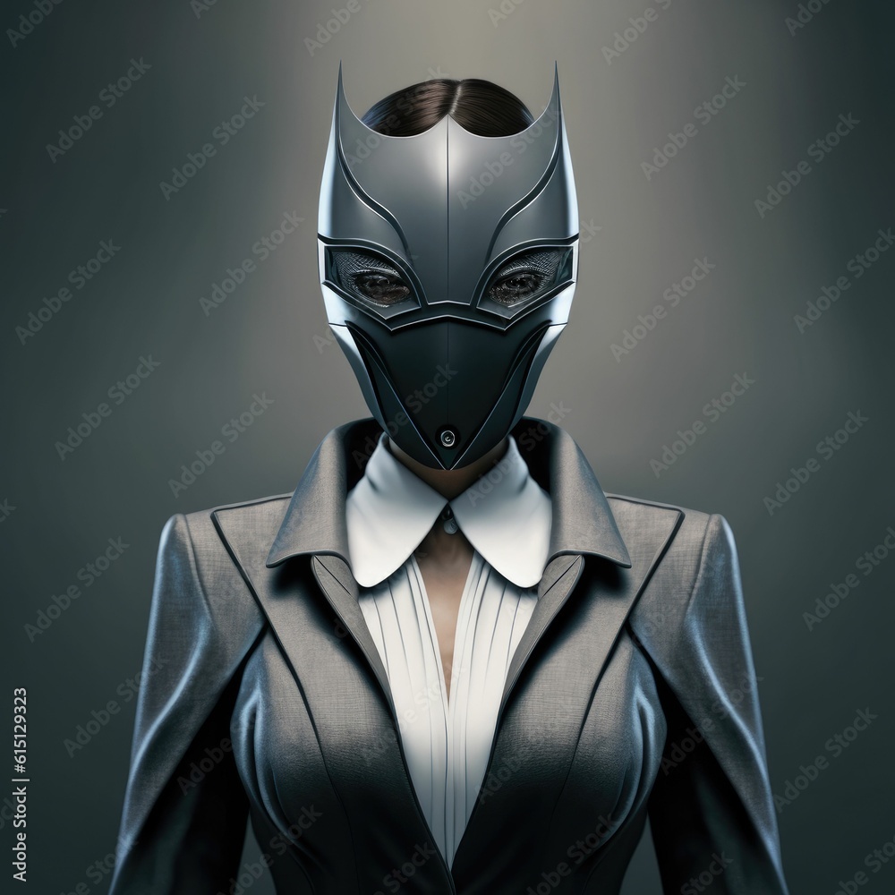 Sinister corporate overlord in a masked villain persona wearing a suit ...