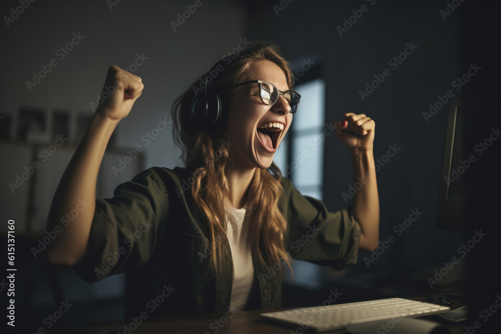 Young woman cheering and being happy in front of computer, Generative ...