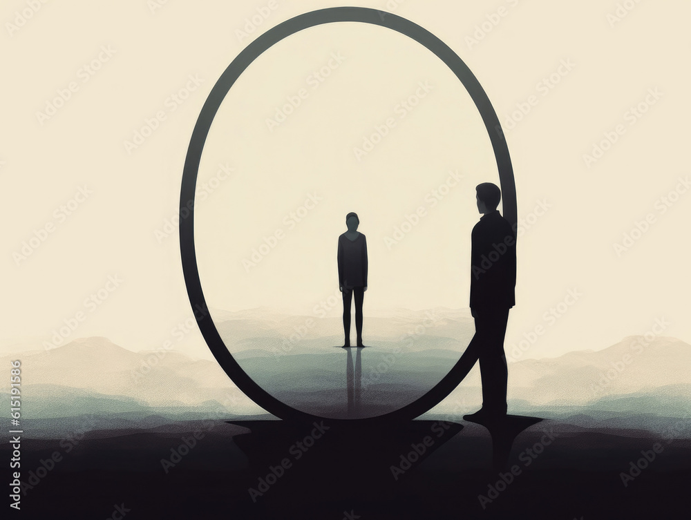 A person looking in the mirror and seeing themselves as much larger ...