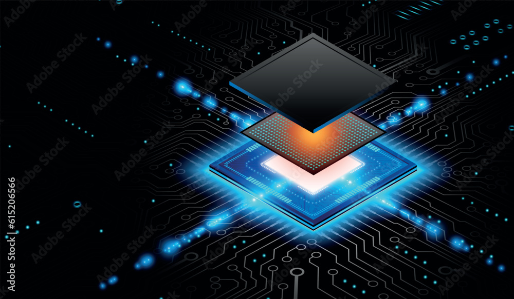 CPU Chip on Motherboard. Central Computer Processors CPU concept. Quantum computer, large data ...