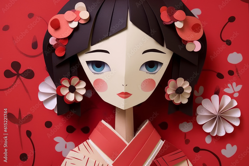 Girl in flower kimono made of paper triangles. Japanese origami, paper ...