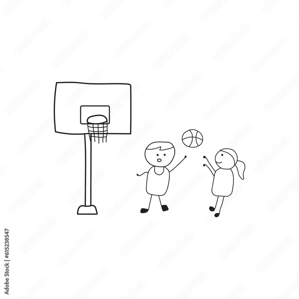 Hand drawn Kids drawing style cute kids playing basketball in a cartoon ...
