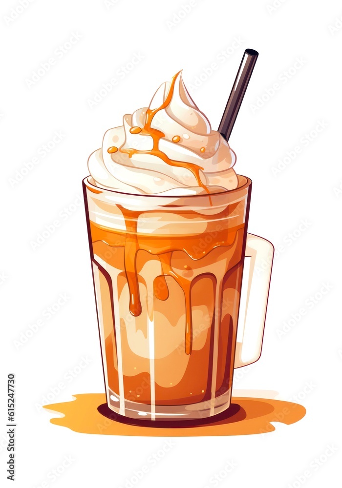 Cartoon illustration of iced coffee with whipped cream and caramel ...