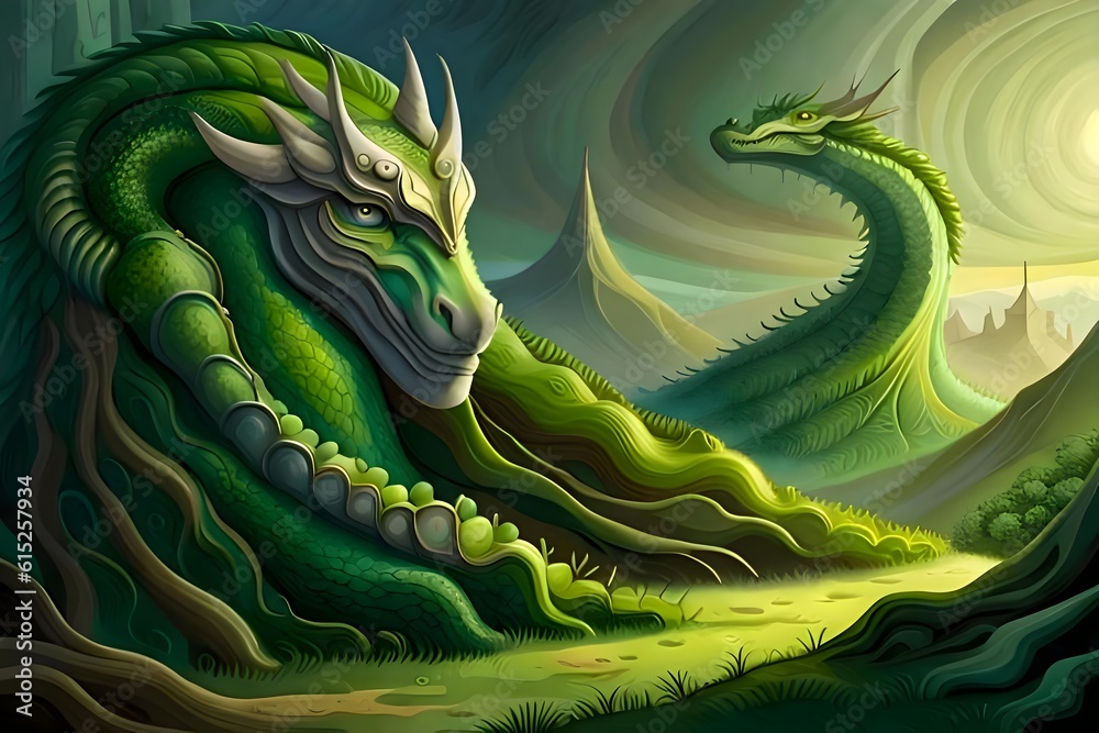 Whimsical Dragon Curled Around Towering Tree, Emerald-Green Scales ...
