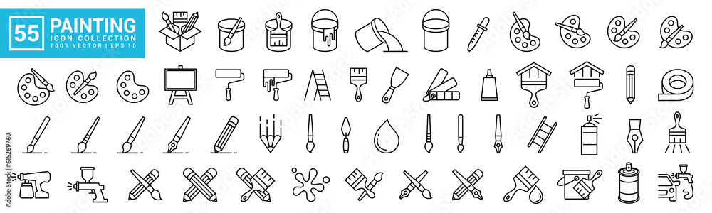 Collection of painting related icons, various painting tools, paint ...