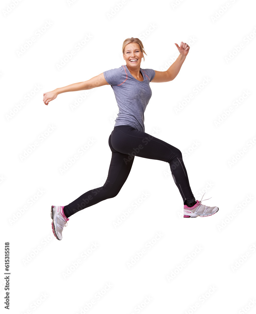 Action, jump and woman portrait with isolated on a transparent, png ...