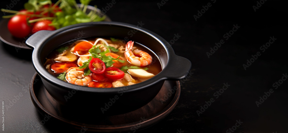 Tom yam, Japanese soup with tiger shrimp in black bowl on slate stand ...