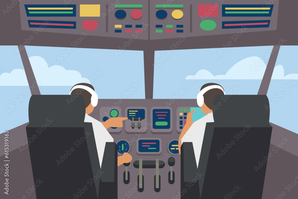 Pilots sitting front of dashboard aircraft inside 2d vector ...