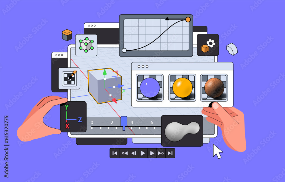 3D Software suite Interface Layout with hands. Viewport of Program for ...