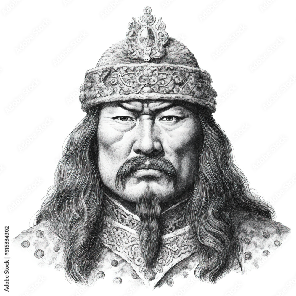 Black and white vintage engraving, headshot portrait of Genghis Khan ...