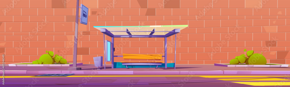 Modern bus stop against brick wall background. Vector cartoon ...