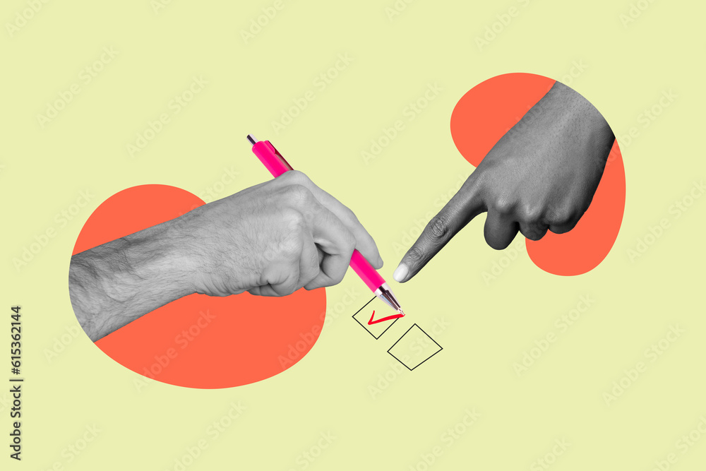 Poster banner collage of human hands using pen for writing check mark ...