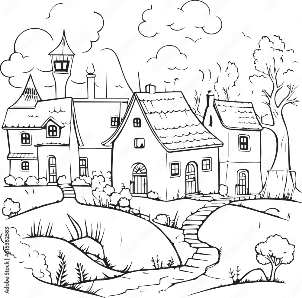 village drawing village coloring page for kids ready to print A3 size ...