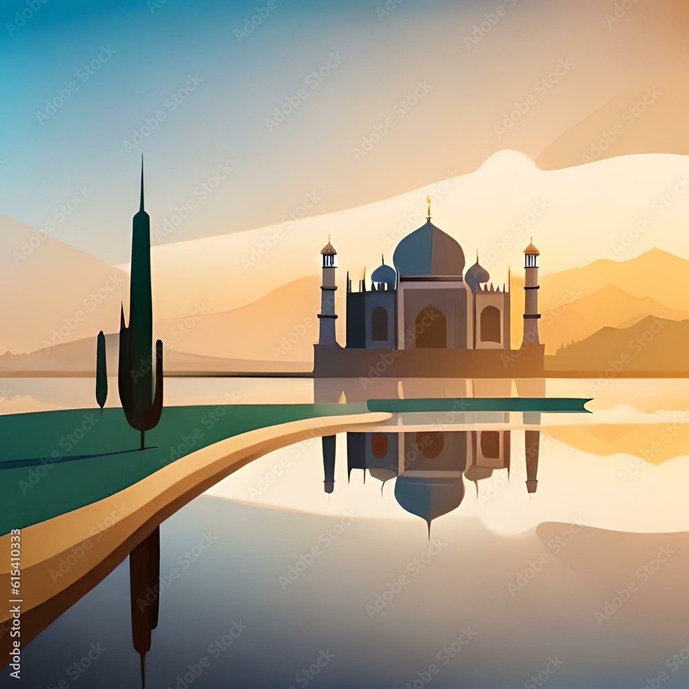 Islamic mosque with sunset and river icon symbol clip art cartoon ...