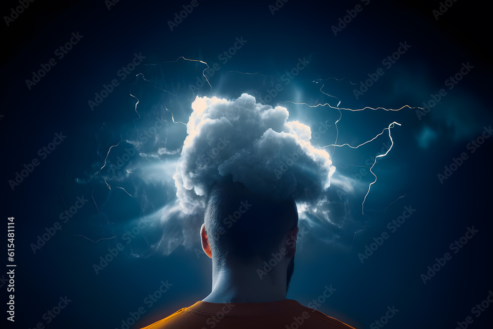 Back view Man with dark clouded mind with bright flashes of lightning ...