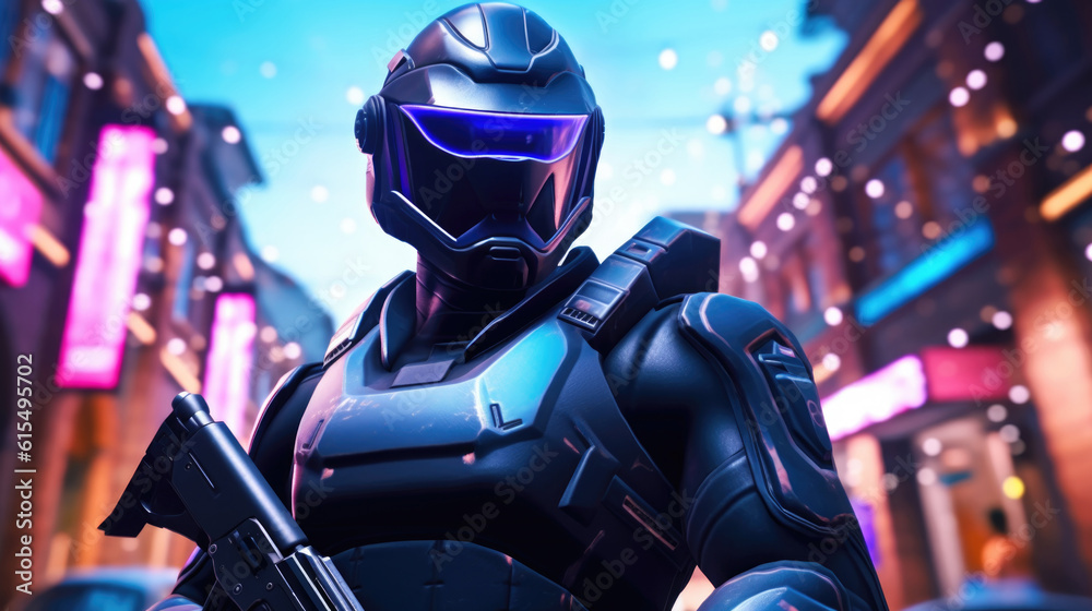 Futuristic police captain superhero on cityscape background. Digital ...