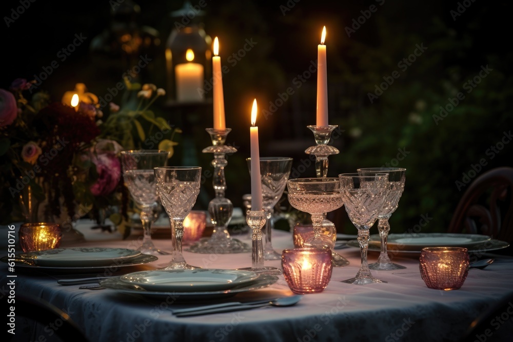 outdoor table setting for a romantic evening with flickering candles ...