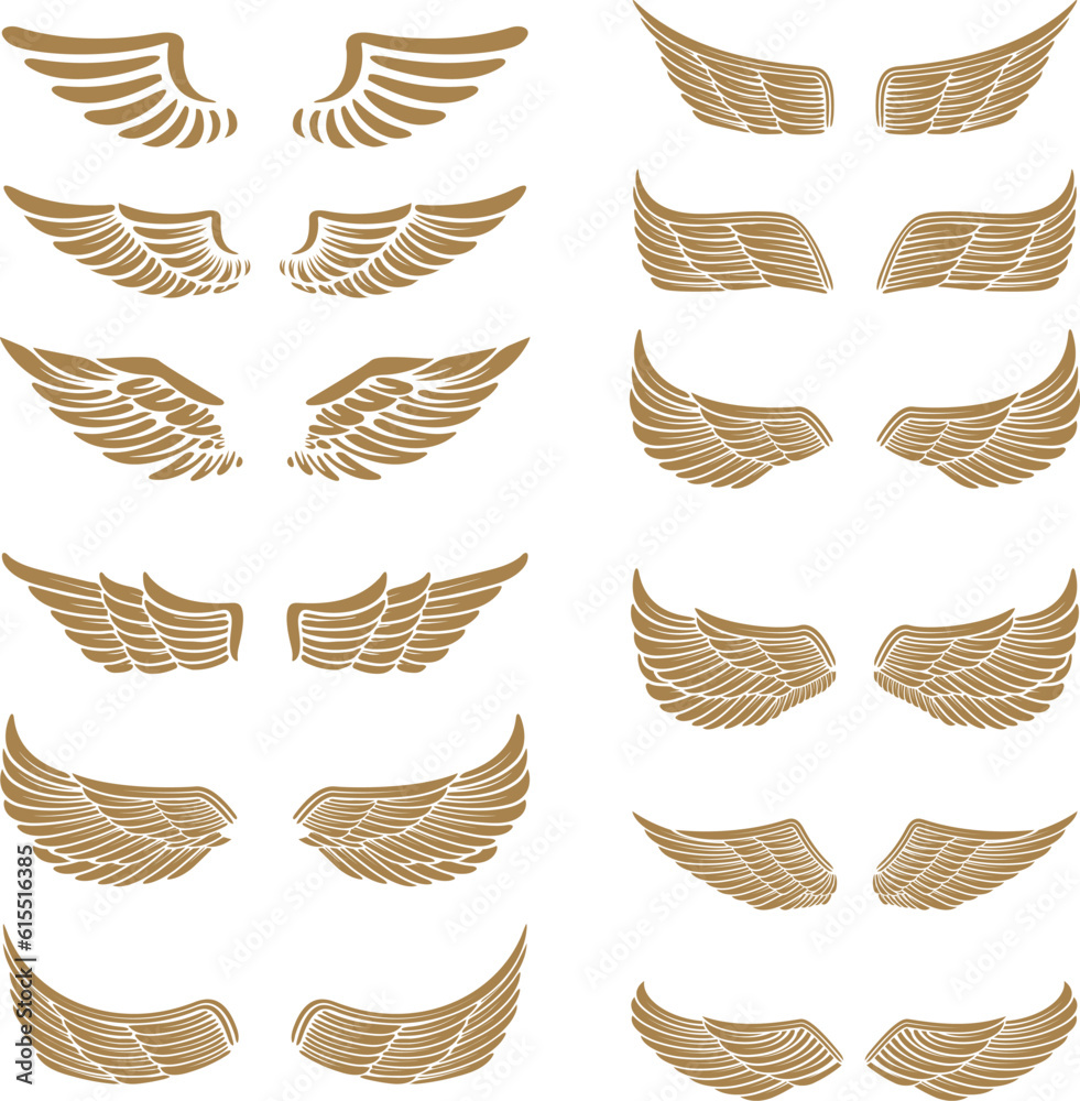 Set of the emblems with wings in gold style isolated on white ...