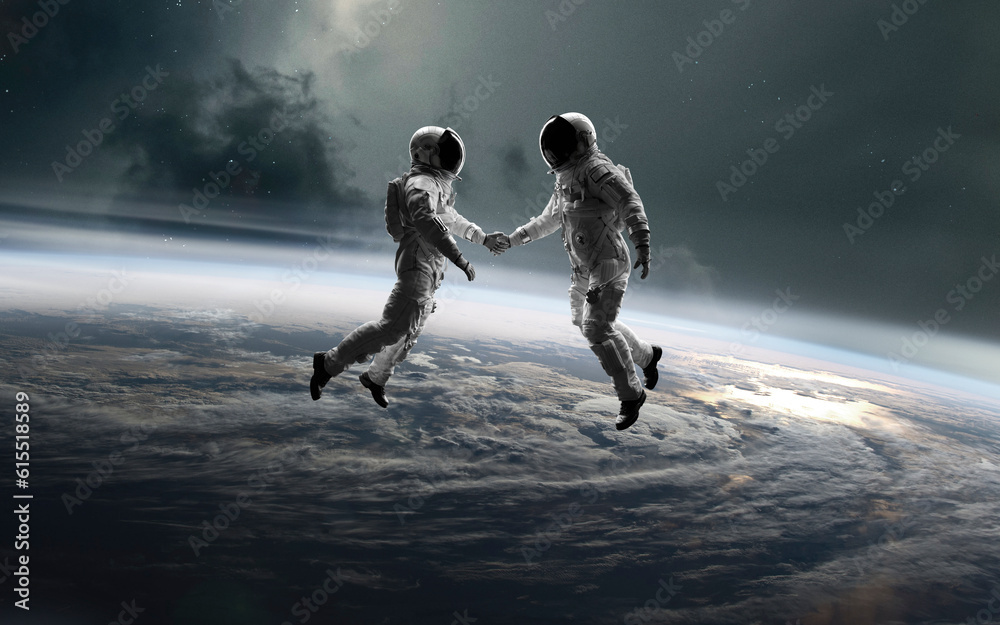 Astronauts couple in deep space. 5K realistic science fiction art ...
