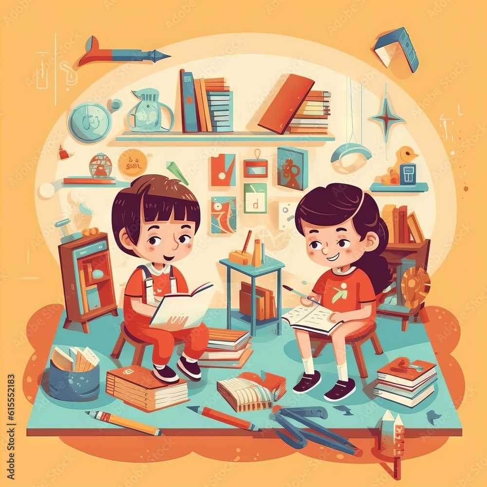Vector illustration of a boy and girl studying in a classroom at school ...