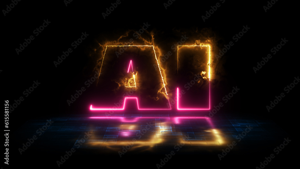 Artificial intelligence (AI) animated writing that is electric and neon ...