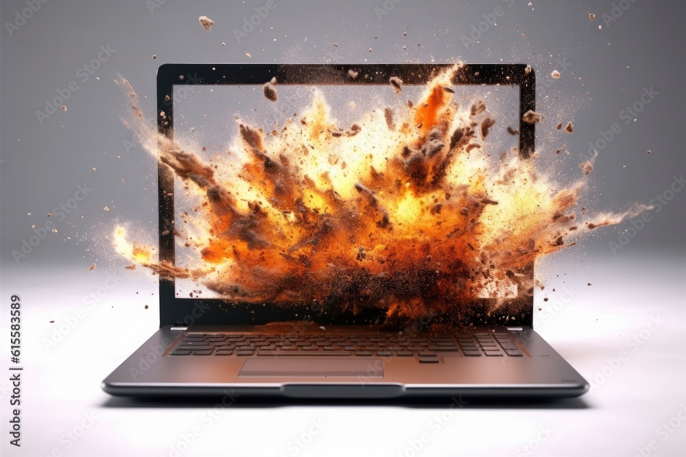 Illustration of a laptop computer with flames emanating from the screen ...