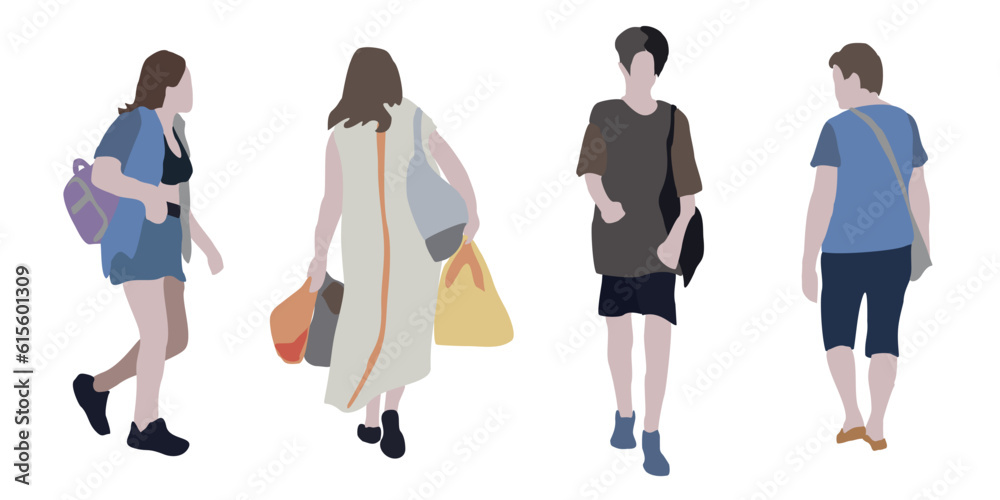 Set of drawings of people on the street in summer clothes. 2D image for ...