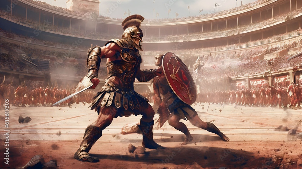 a fierce gladiator attacking. An armoured roman gladiator in combat ...