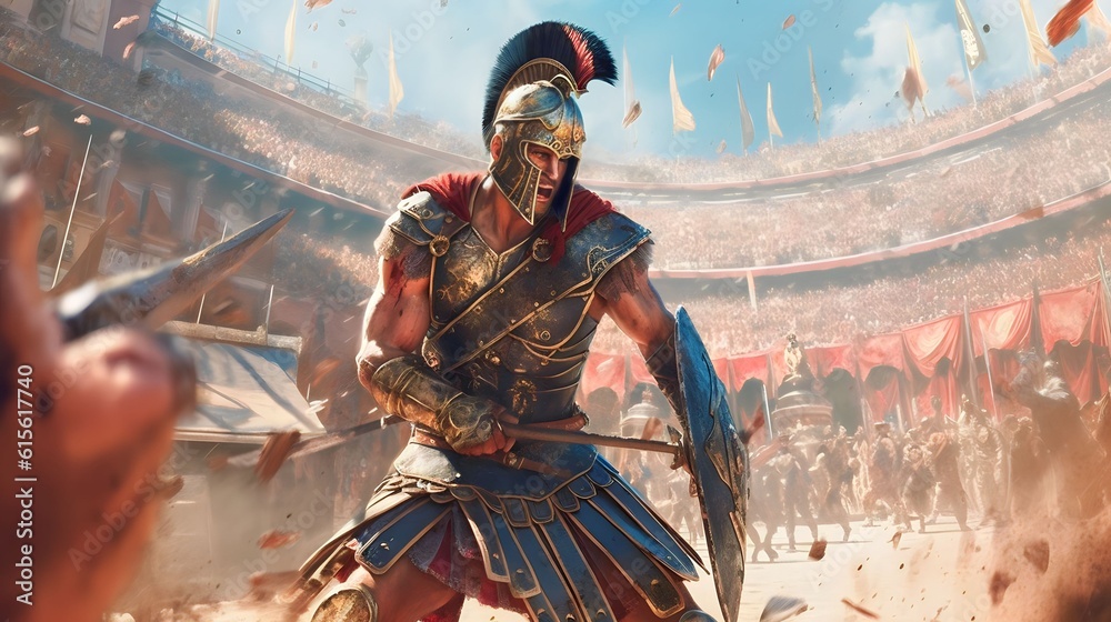 a fierce gladiator attacking. An armoured roman gladiator in combat ...