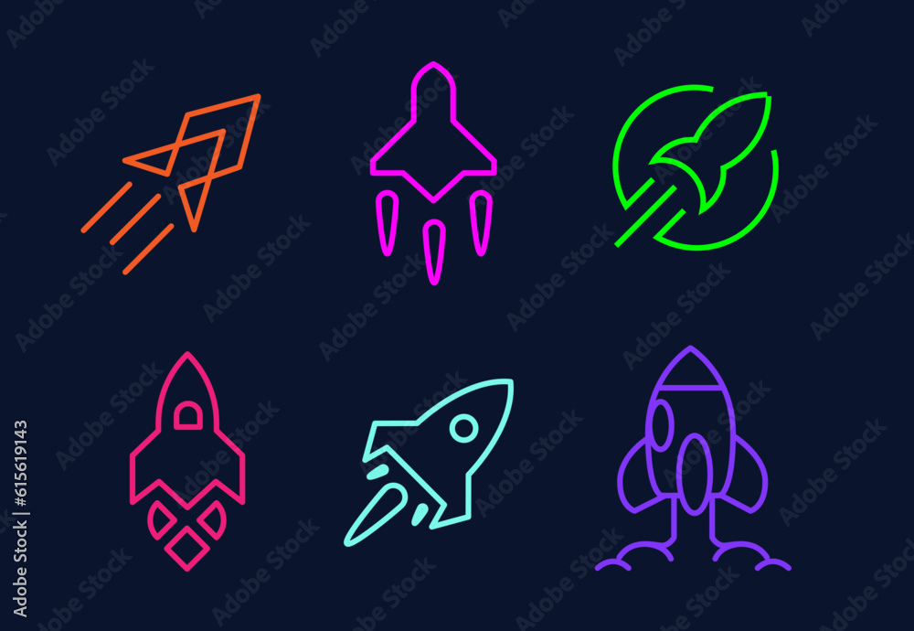 Neon Rocket logo outline icons, startup launch up business, galaxy ...