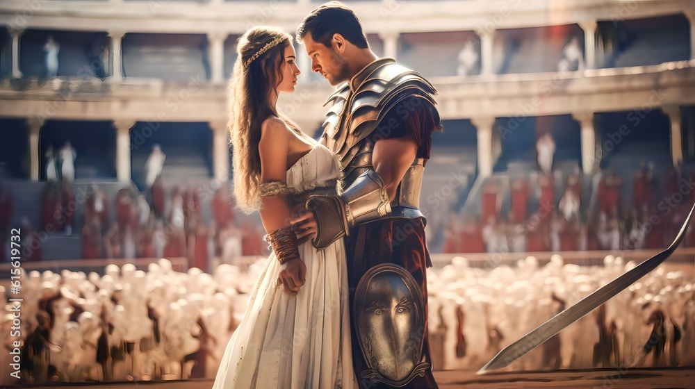 a gladiator in armored Roman gladiator with a very beautiful queen ...