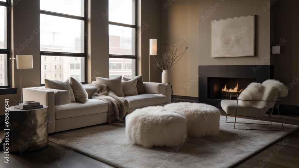 Interior design of Living Room in Contemporary style with Fireplace ...