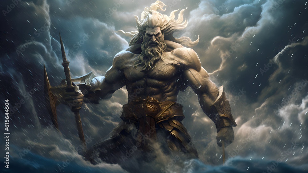Giant poseidon coming out of the stormy sea. Greek mythological god ...
