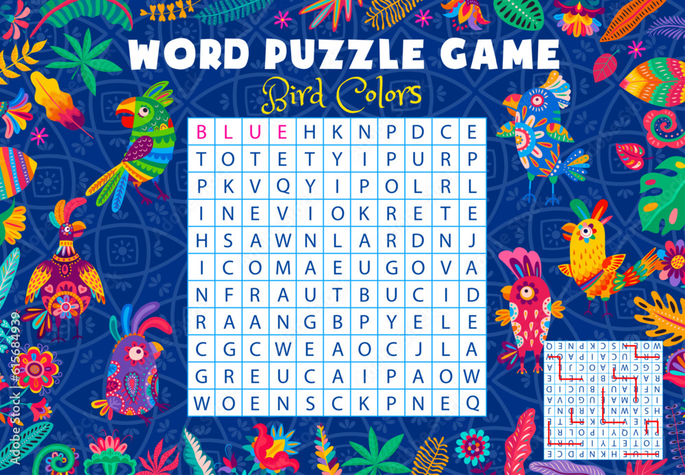 Word search puzzle game with colors of Brazilian parrots, vector quiz ...