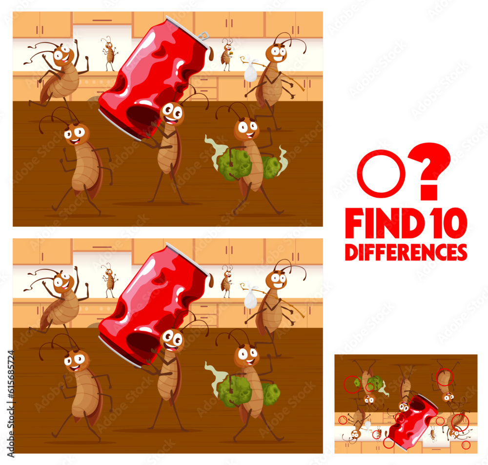 Find ten differences. Cartoon cockroach characters on kitchen kids ...