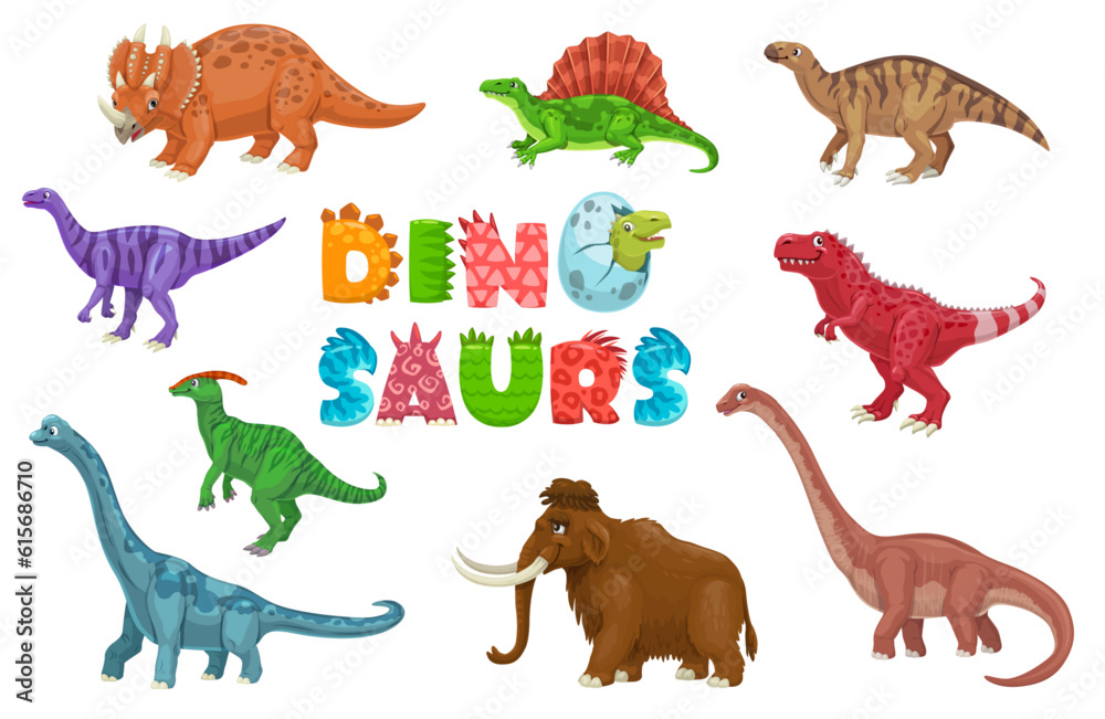 Cartoon dinosaur characters. Dino personages. Centrosaurus, Dimetrodon ...