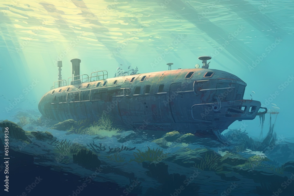 In deep sea, the sinking small white submarine trembles, its crew ...