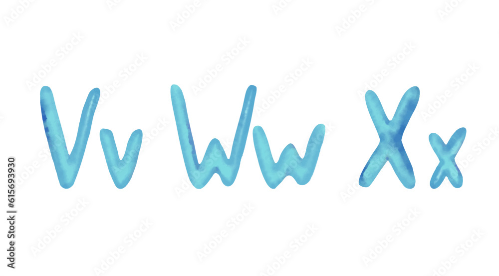 Hand drawn watercolor blue alphabet, font, letters. Handwritten, word ...