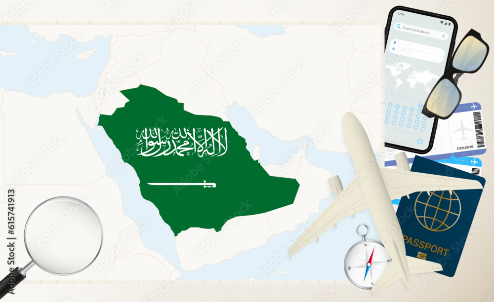 Saudi Arabia map and flag, cargo plane on the detailed map of Saudi ...