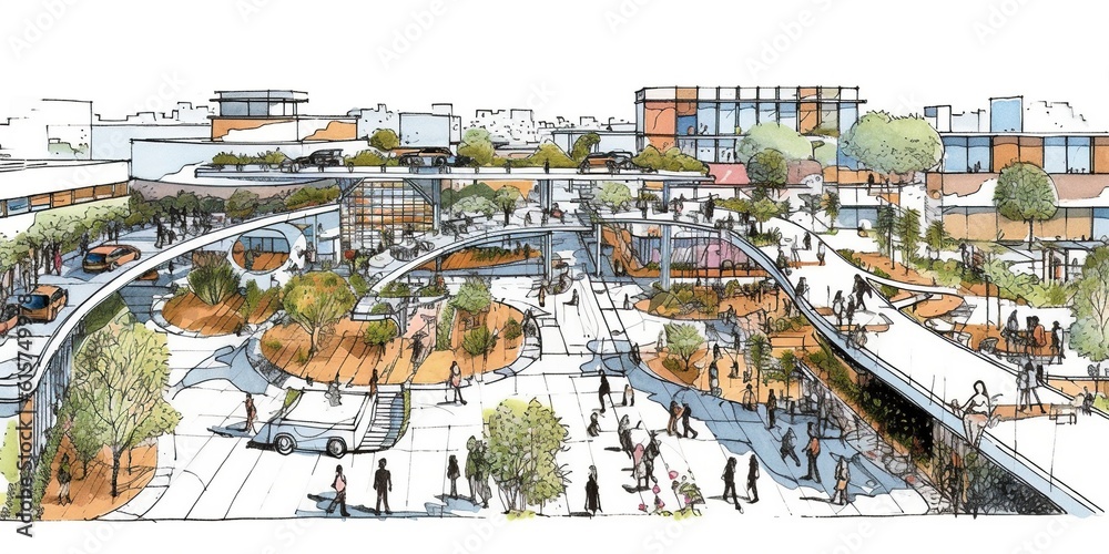 visionary sketch of a sustainable residential area, blending modern ...