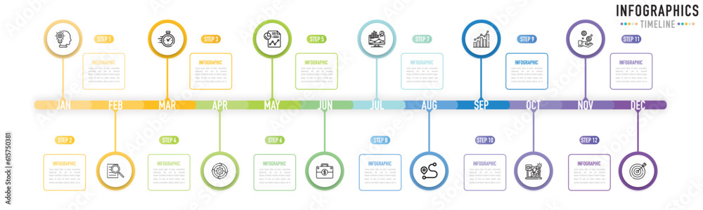 Timeline infographic template or element with 12 step, process, option ...