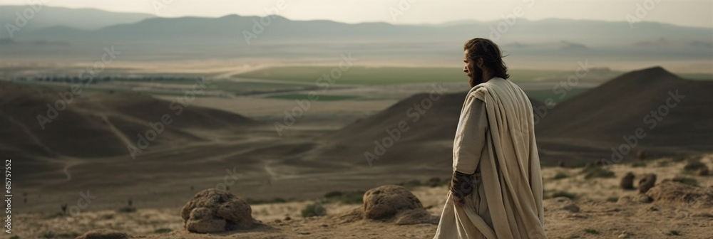 Jesus Christ is in prayer, walking through the desert to preach. The ...