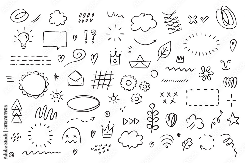 Hand drawn simple elements set. Sketch underlines, icons, emphasis ...