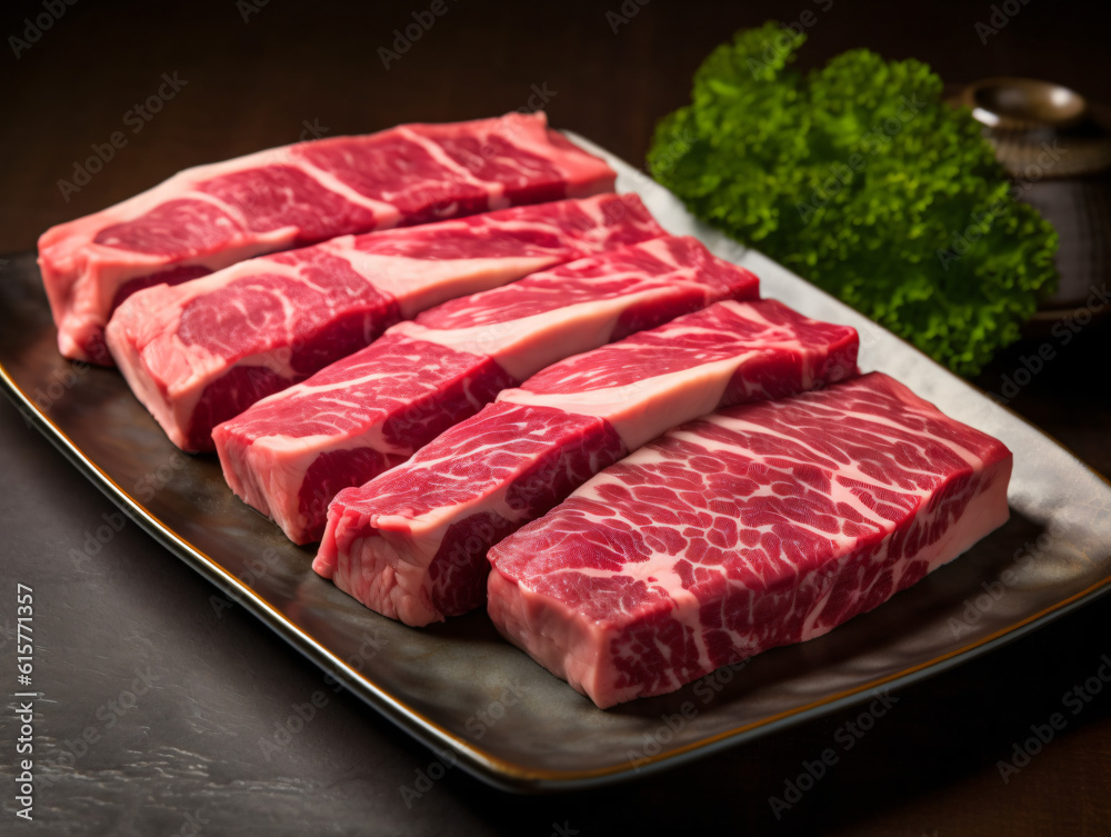 A platter of Kobe beef, known for its exceptional marbling and ...