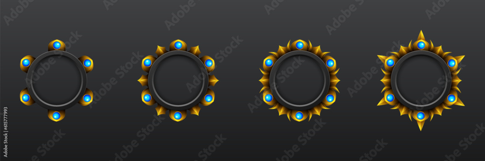 Fantasy gold border vintage style game avatar frames with blue gems for ...