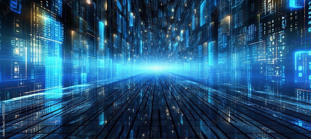 Virtual cyberspace technology background. Blue data energy burst ...