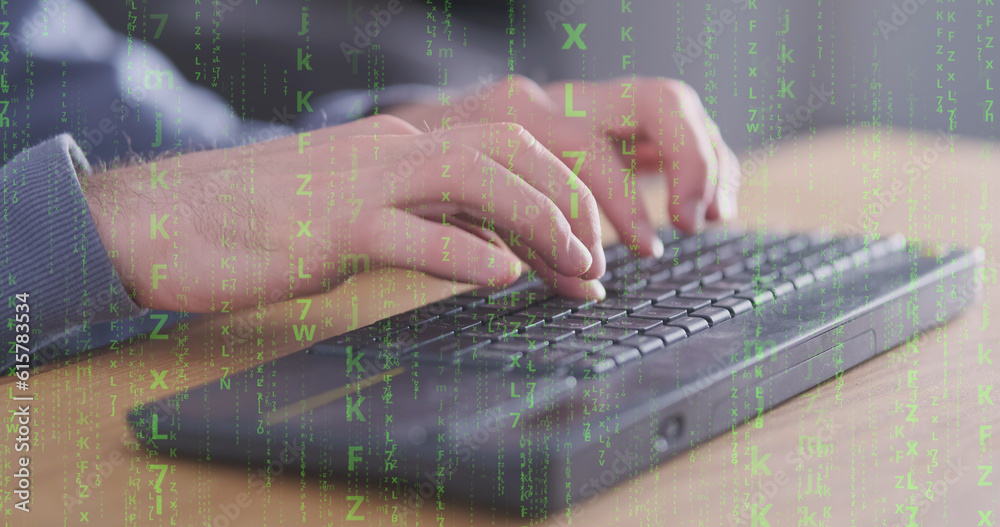 Foto de Stock Male fingers typing on wireless computer keyboard, side view, falling symbols of ...